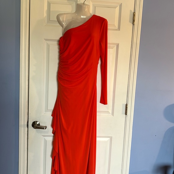 Halson | Dresses | Halston Giana One Shoulder Ruched Ruffle High Split ...